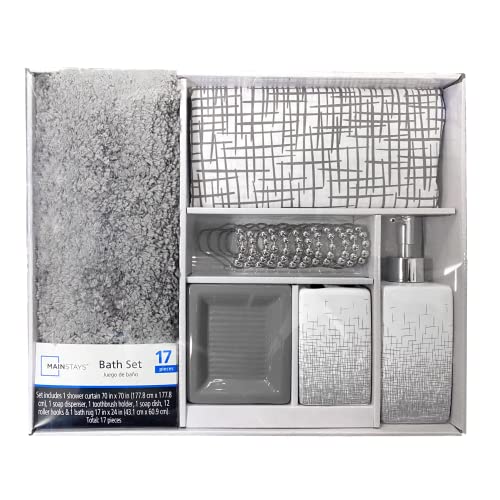 FamiPod Shower Curtain Liner Gray, 17-Piece Gray Weave Polyester/Ceramic Bathroom Accessory Set
