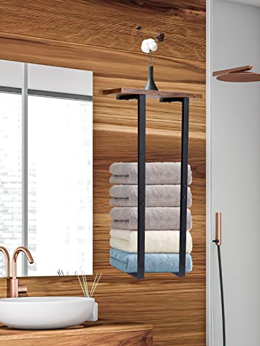 Towel Rack with Wooden Shelf - Metal Towel Racks for Bathroom Wall Mounted, Durable Wall Towel Holder for Rolled Towels Bath Towel Washcloths Spa Small Hand Towels