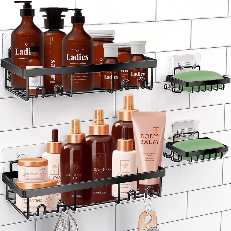 Shower Caddy Organizer & Soap Dish Holder Set, 4PCS with Removable Self Adhesive Hooks Shelf Basket Shelves for Shampoo Small Essentials Storage Bathroom Organization Kitchen Accessories Spice Racks