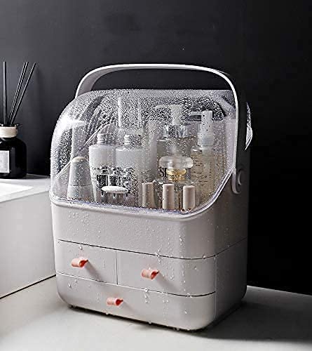 LINFIDITE Cosmetic Storage Box with Lid Makeup Organizer Box with Dust Free Cover Portable Handle,Large Makeup Display Case with Drawers Fully Open Lid,Great for Dresser Bathroom Countertop