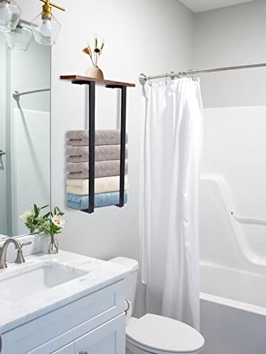 Towel Rack with Wooden Shelf - Metal Towel Racks for Bathroom Wall Mounted, Durable Wall Towel Holder for Rolled Towels Bath Towel Washcloths Spa Small Hand Towels