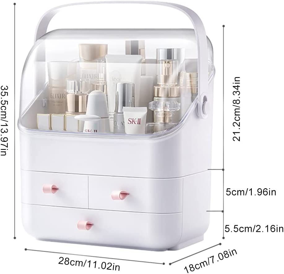 LINFIDITE Cosmetic Storage Box with Lid Makeup Organizer Box with Dust Free Cover Portable Handle,Large Makeup Display Case with Drawers Fully Open Lid,Great for Dresser Bathroom Countertop