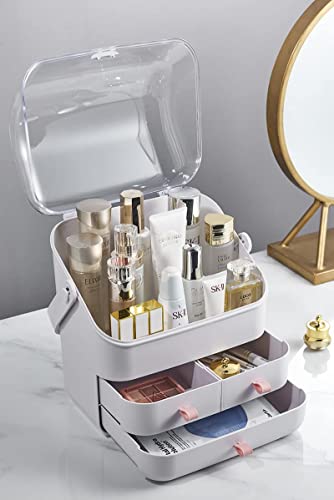 LINFIDITE Cosmetic Storage Box with Lid Makeup Organizer Box with Dust Free Cover Portable Handle,Large Makeup Display Case with Drawers Fully Open Lid,Great for Dresser Bathroom Countertop