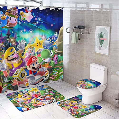 Cartoon đđź.đđđ« đđ.đđąđš 4 Piece Bathroom Set,đ.đđšđŹ Waterproof Shower Curtains for Bathroom Set with Shower Mat Non Slip & Toilet Lid Cover and U Shower Mat