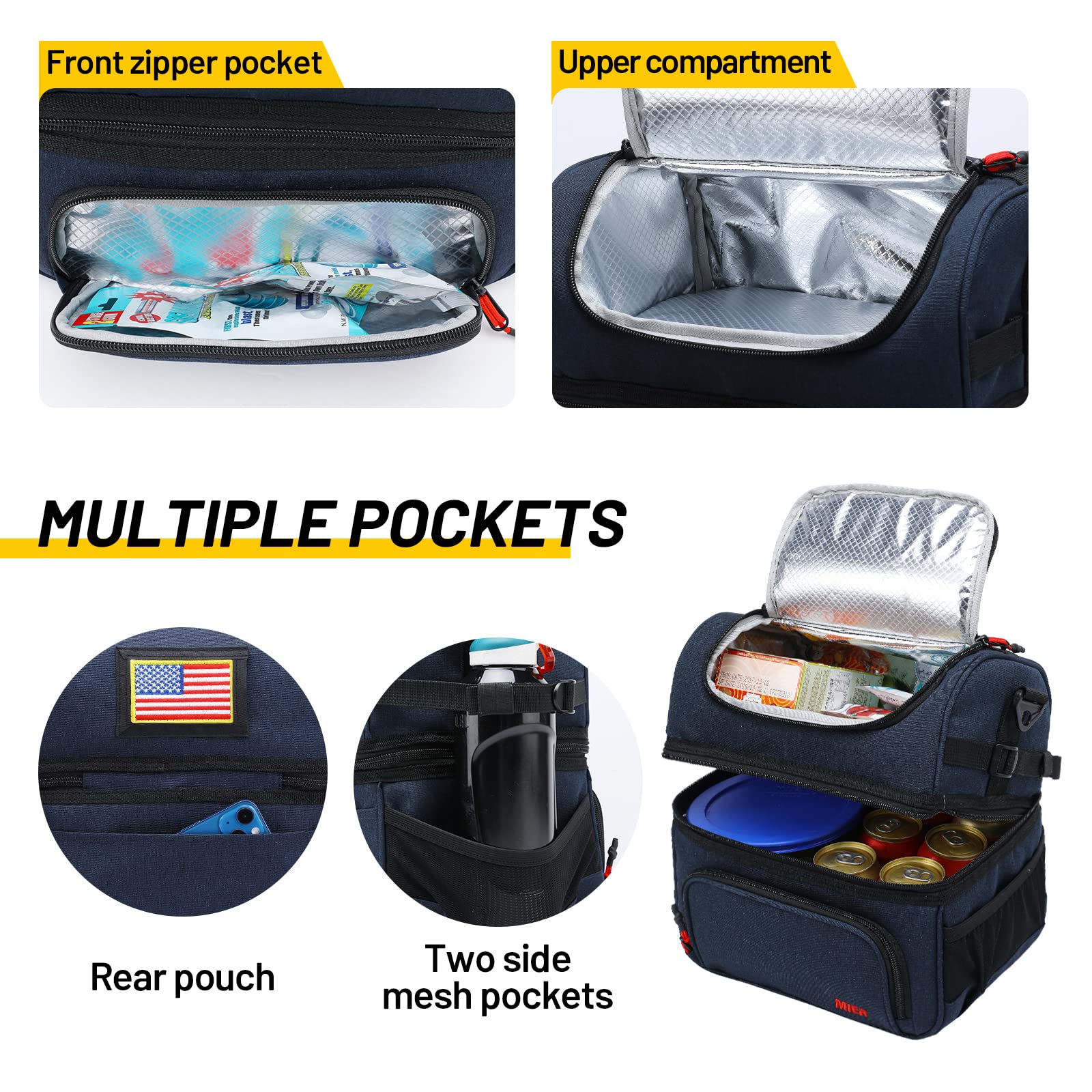 MIER Dual Compartment Lunch Bag Tote with Shoulder Strap for Men and Women Insulated Leakproof Cooler Bag, Dark Blue