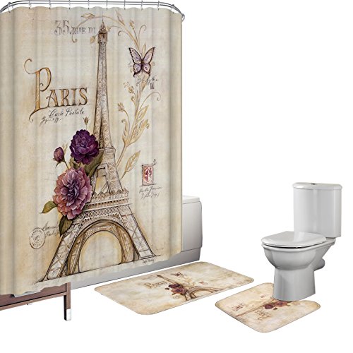 Amagical 3 Piece Vintage Paris Brown Eiffel Tower Bathroom Shower Curtain Set Bathroom Mat Set Purple Flower Butterfly Bath Mat Contour Mat and Shower Curtain with 12 Hooks