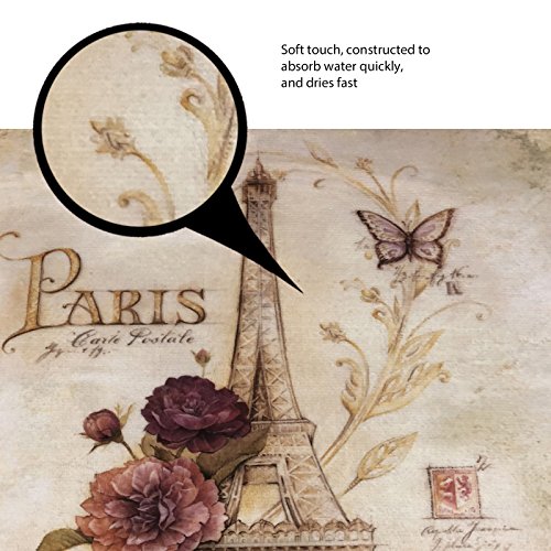 Amagical 3 Piece Vintage Paris Brown Eiffel Tower Bathroom Shower Curtain Set Bathroom Mat Set Purple Flower Butterfly Bath Mat Contour Mat and Shower Curtain with 12 Hooks