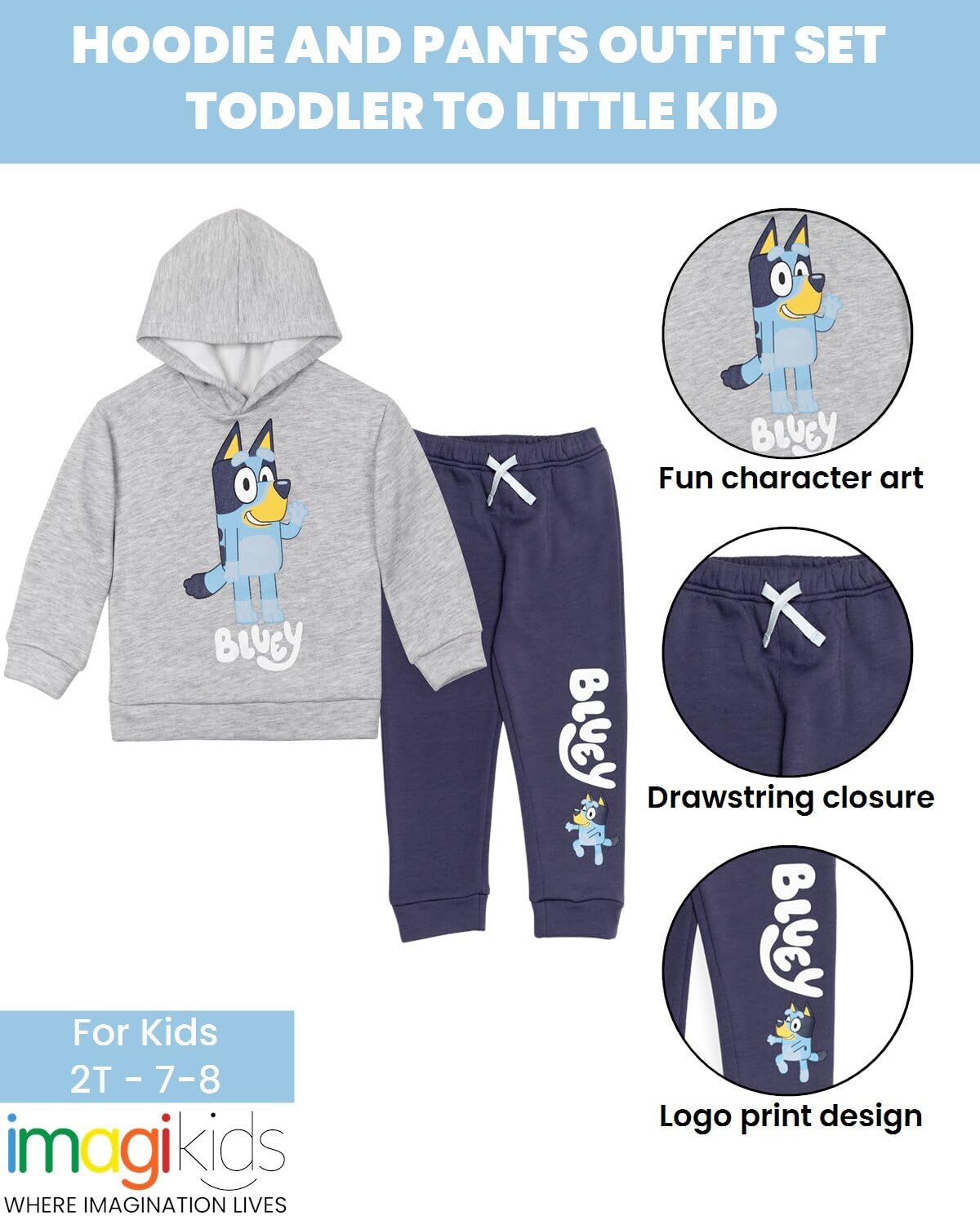 Bluey Little Boys Fleece Hoodie and Pants Outfit Set Grey/Blue 7-8