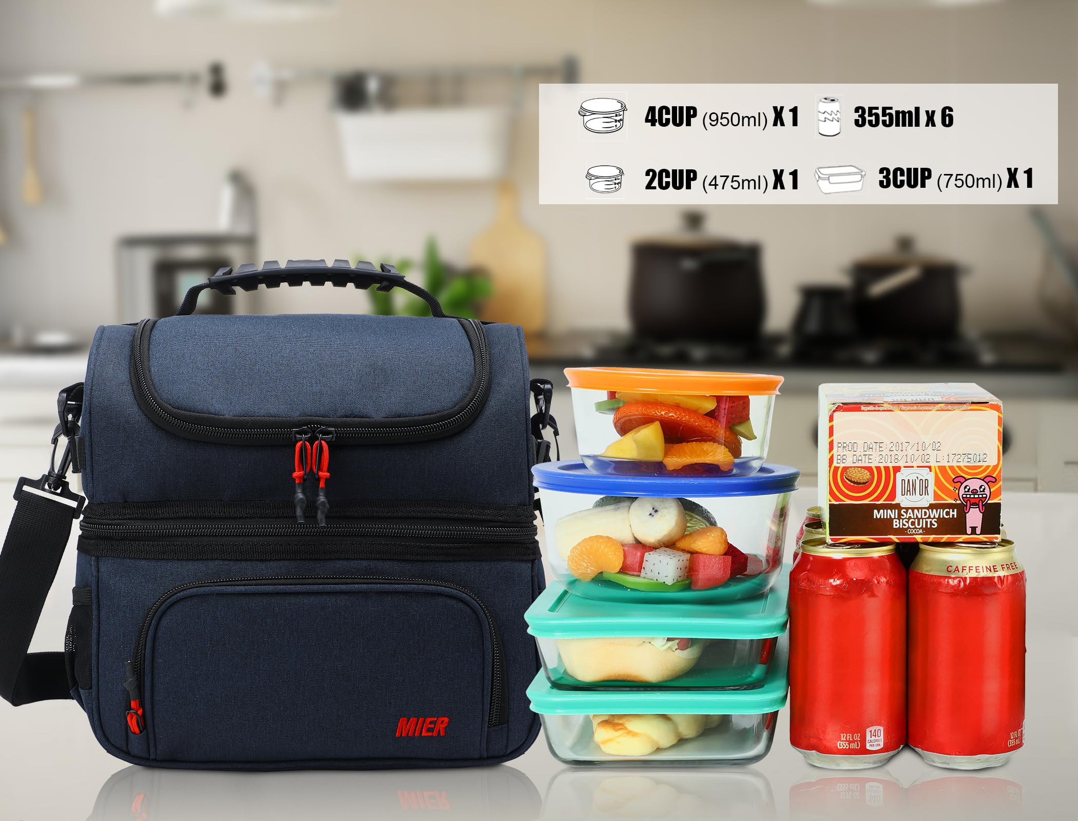 MIER Dual Compartment Lunch Bag Tote with Shoulder Strap for Men and Women Insulated Leakproof Cooler Bag, Dark Blue
