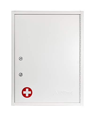 AdirMed Large Dual-Lock Medicine Cabinet – Wall Mounted & Secure Steel Medicine Pills & First Aid Kit & Emeergency Kit Box with Locks for Home Office & School Use (White)