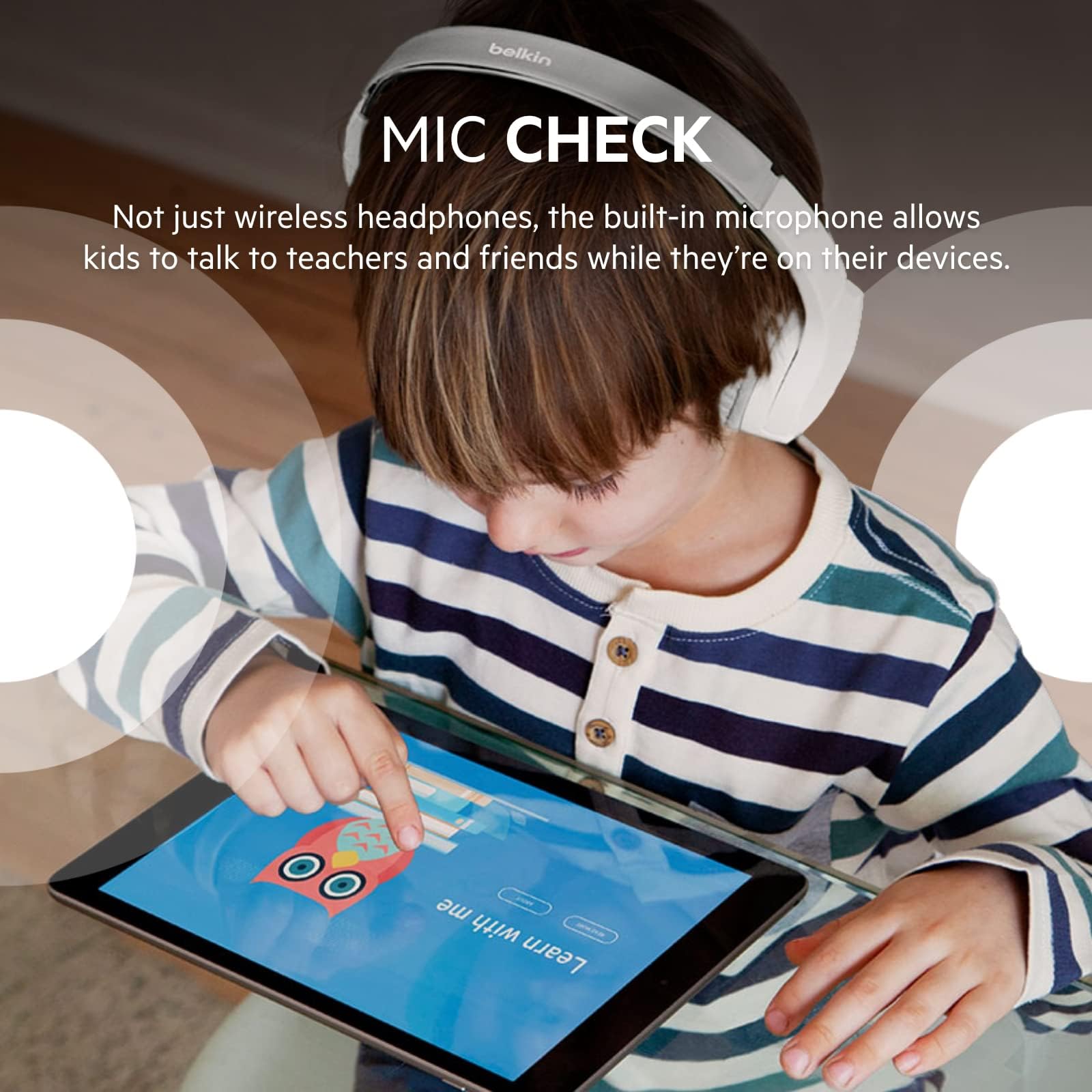Belkin SoundForm Mini - Wireless Bluetooth Headphones for Kids with 30H Battery Life, 85dB Safe Volume Limit, Built-in Microphone - Kids On-Ear Earphones for iPhone, iPad, & More - White w/ Case