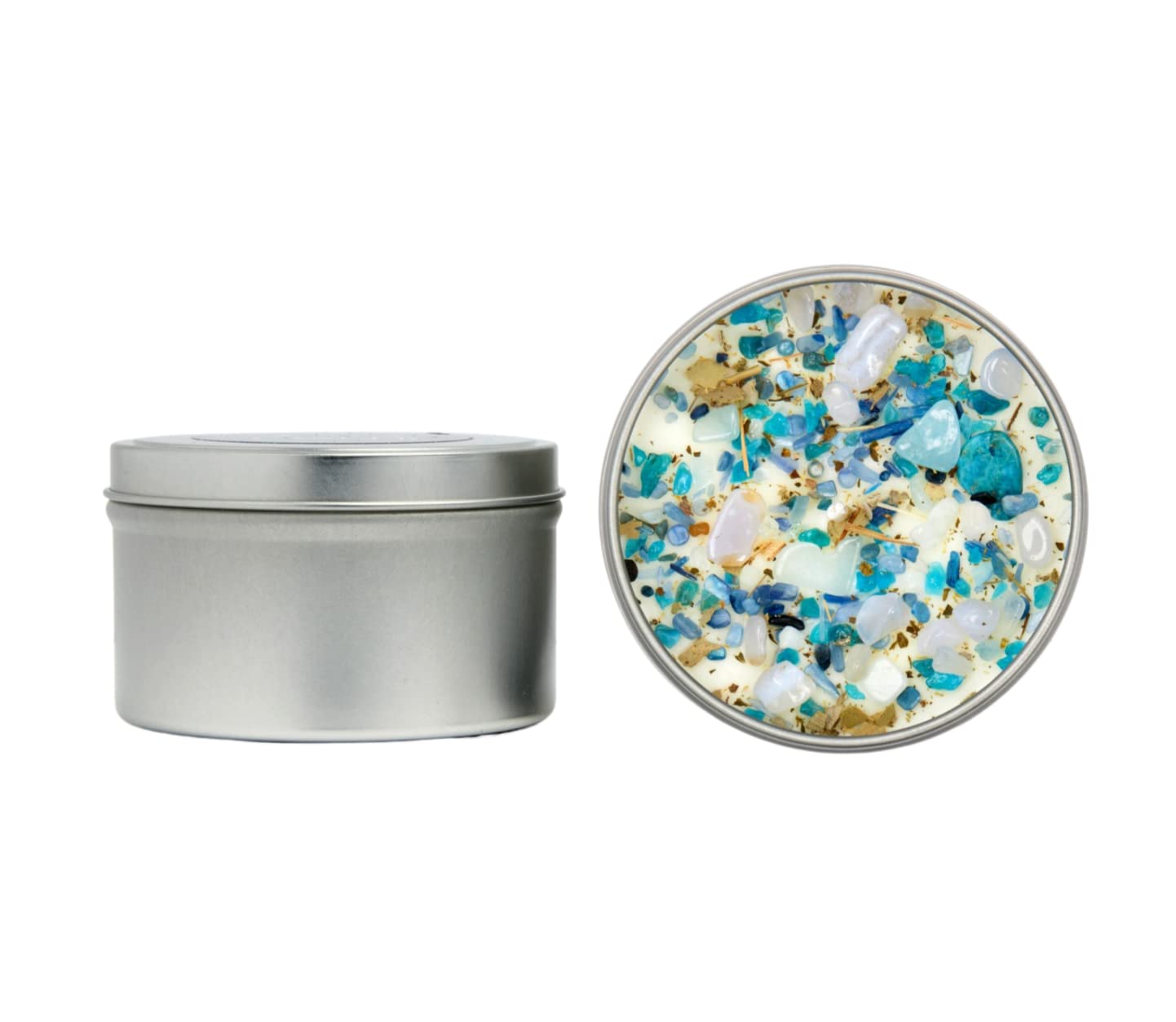 Throat Chakra Candle by New Moon Beginnings - Chakra Candles - Dried Flower, Herb, & Crystal Candles - Aromatherapy Candles - Soy Candle - 8oz Tin