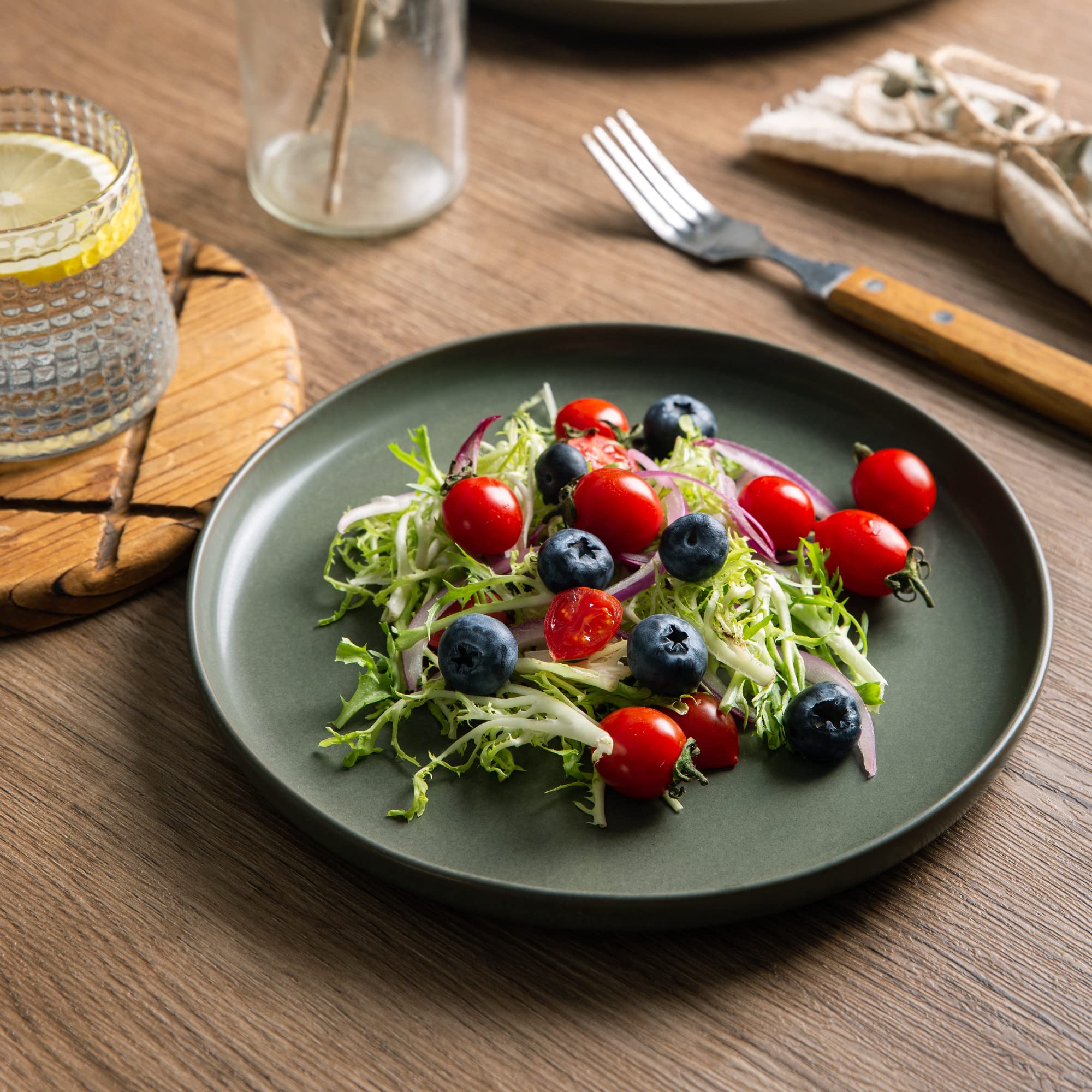 AmorArc Ceramic Dinner Salad Plates Set of 6, Wavy Rim 8.5 Inch Dish Set, The Dessert,Salad, Appetizer, Small Dinner etc Plate,Microwave, Dishwasher Safe, Scratch Resistant - Reactive Matte