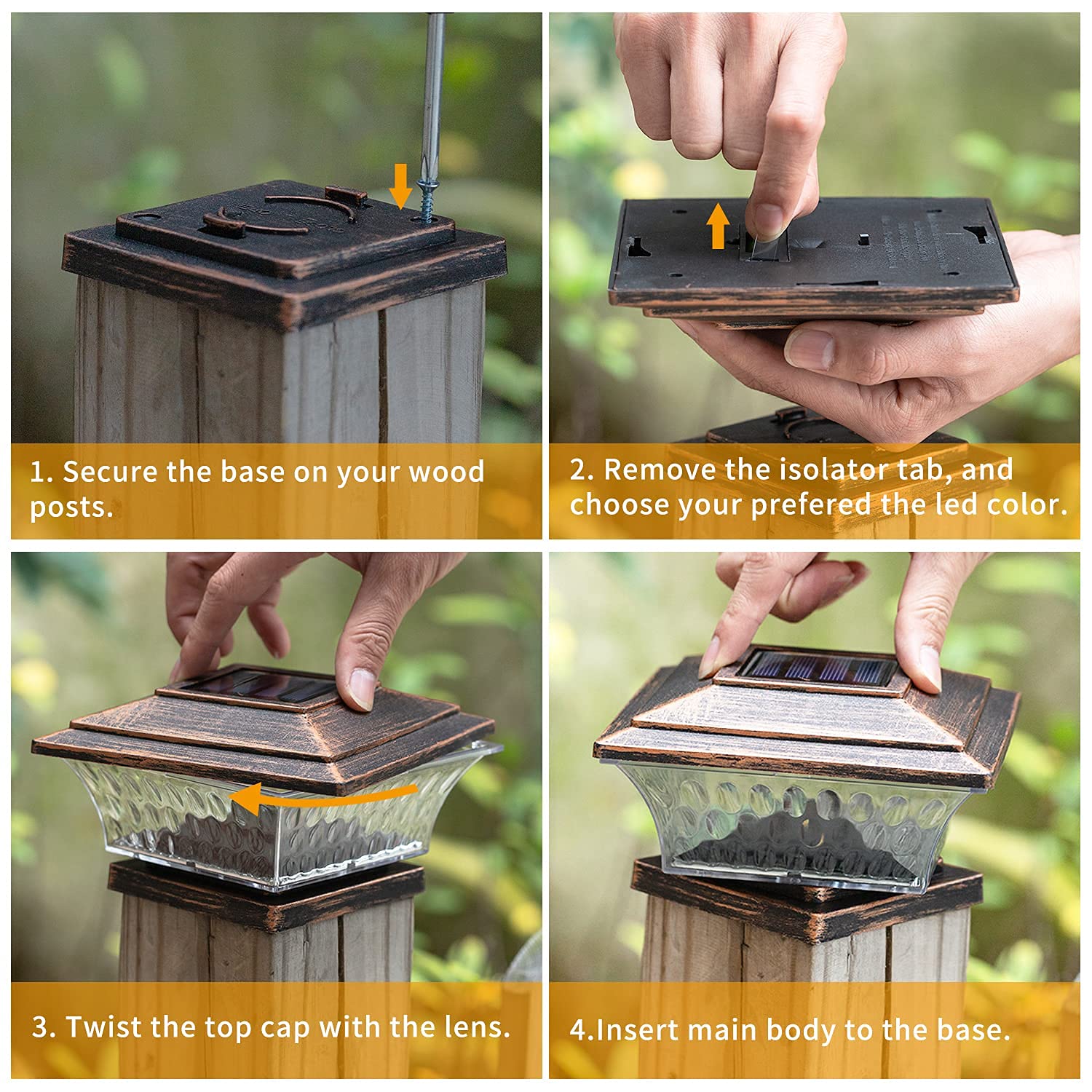 HUYIENO Solar Post Cap Lights Outdoor LED Lighting Deck Fence With Two Light Modes Warm White/Bright White Suitable for 4x4 Wooden Posts Brushed Copper 6PK