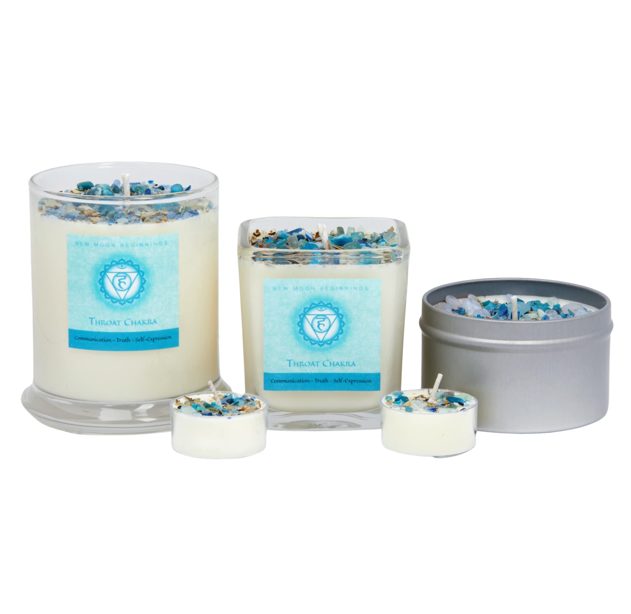 Throat Chakra Candle by New Moon Beginnings - Chakra Candles - Dried Flower, Herb, & Crystal Candles - Aromatherapy Candles - Soy Candle - 8oz Tin