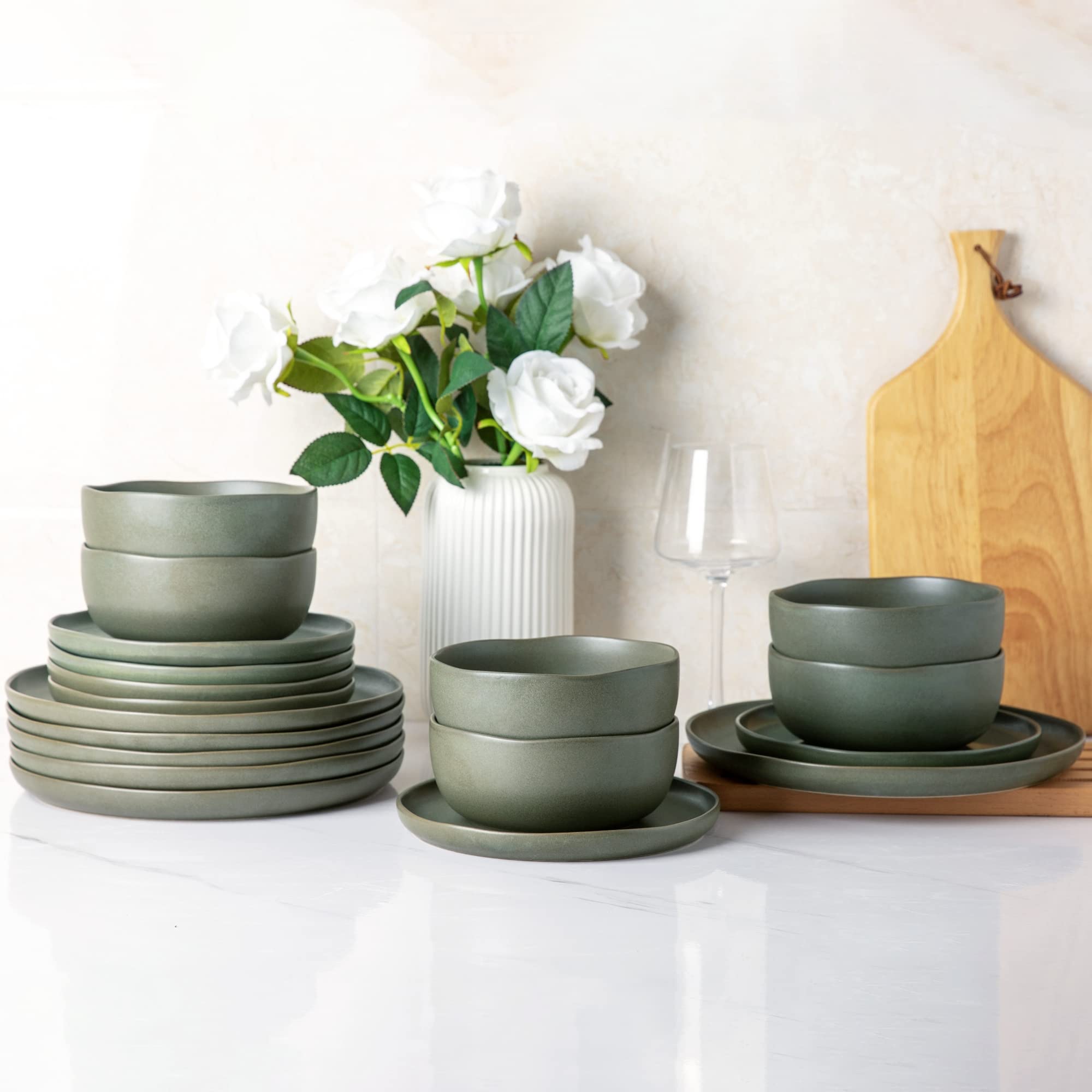 AmorArc Ceramic Dinner Salad Plates Set of 6, Wavy Rim 8.5 Inch Dish Set, The Dessert,Salad, Appetizer, Small Dinner etc Plate,Microwave, Dishwasher Safe, Scratch Resistant - Reactive Matte