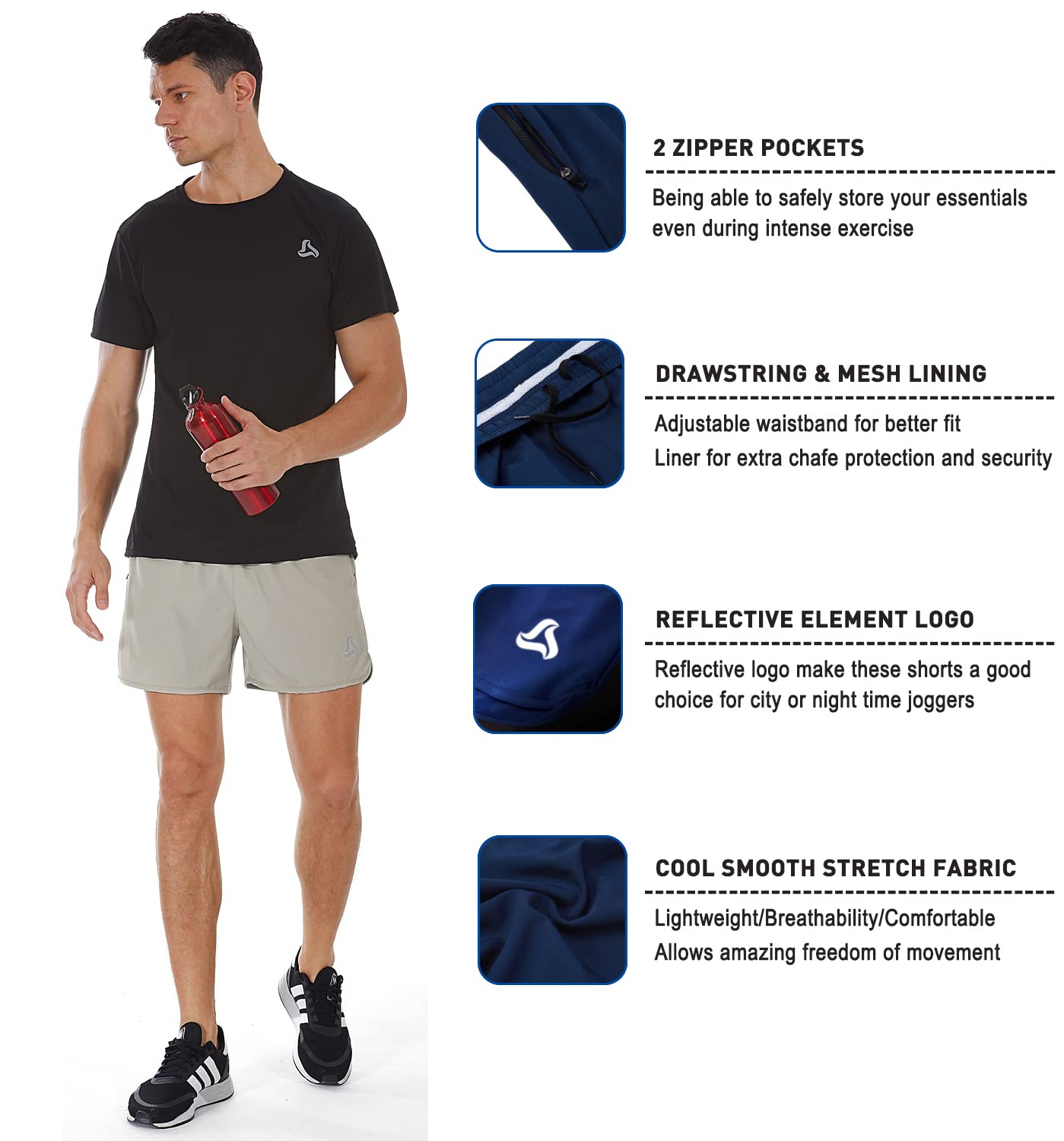 SILKWORLD Men's Running Stretch Quick Dry Shorts with Zipper Pockets(Pack of 2,3) (Dark Navy,Army Green,Light Grey(Pack of 3), X-Large)