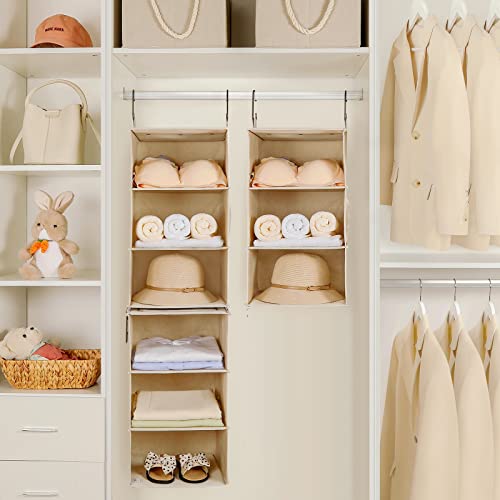 TOPIA HOME 6-Shelf Hanging Closet Organizer, Two Separable 3-Tier Thickened Fabric Hanging Closet Shelves with Mesh Pockets, Collapsible Closet Organizers and Storage Organization, Beige