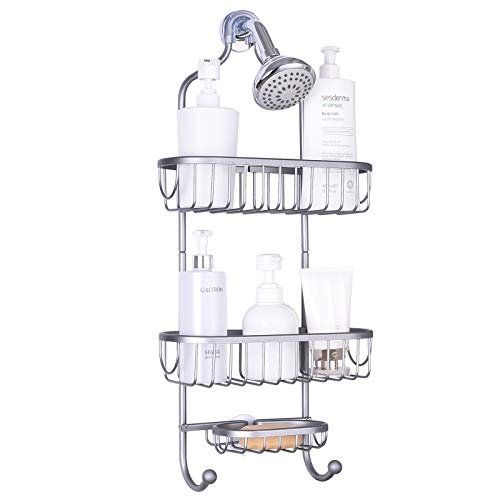 Lycklig Rust-Proof Shower Caddy over Shower Head Aluminum Shower Caddy, Hanging Shower Caddy with Extra Basket for Soap and 2 Hooks for Bath Loofah, Gray