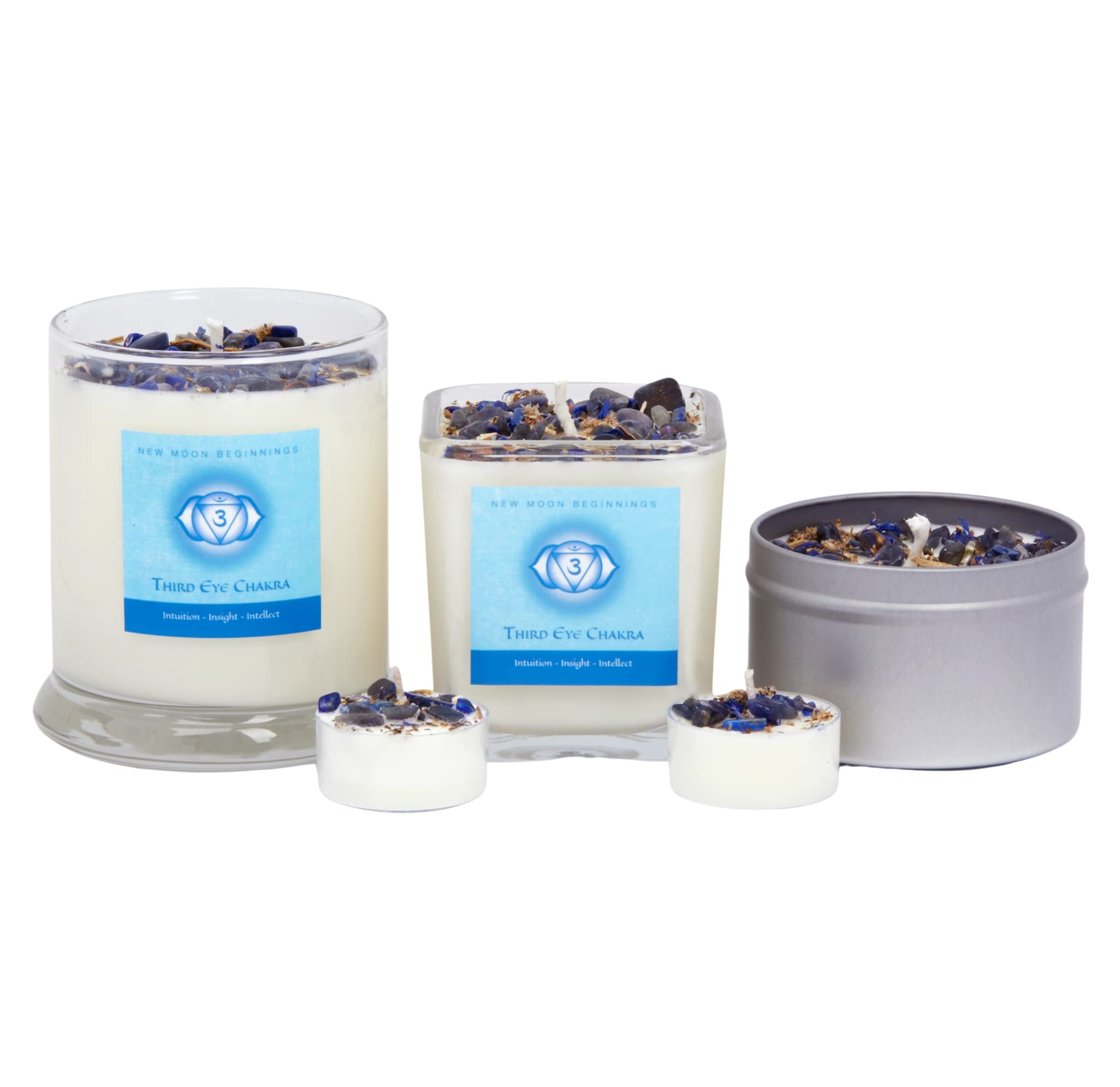 Third Eye Chakra Candle by New Moon Beginnings - Chakra Candles - Dried Flower, Herb, & Crystal Candles - Aromatherapy Candles - Soy Candle - 8oz Tin