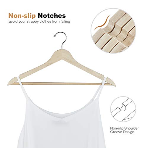 ELONG HOME Solid Wooden Hangers 30 Pack, Slim Wood Coat Hangers with Extra Smooth Finish, Precisely Cut Notches and Chrome Swivel Hook, Wooden Clothes Hangers for Shirt Suit Jacket Dress, Natural