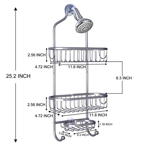 Lycklig Rust-Proof Shower Caddy over Shower Head Aluminum Shower Caddy, Hanging Shower Caddy with Extra Basket for Soap and 2 Hooks for Bath Loofah, Gray