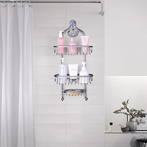 Lycklig Rust-Proof Shower Caddy over Shower Head Aluminum Shower Caddy, Hanging Shower Caddy with Extra Basket for Soap and 2 Hooks for Bath Loofah, Gray