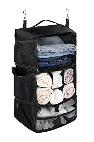 ELEZAY Hanging Packing Cubes Portable Closet 3-Shelf Travel Collapsible Compression Garment Organizer for Carry-on Luggage Suitcase Space Saver Bag XX-Large, Black