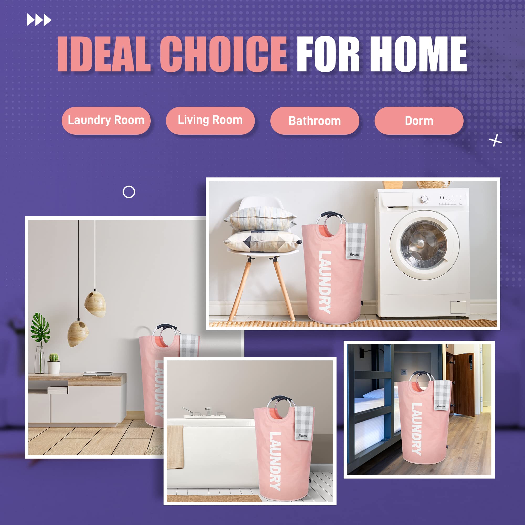 Caroeas 95L Pro Large Laundry Basket (13 Colors), Waterproof Laundry Hamper, Laundry Bag with Padded Handles, Clothes Hamper Stands Up Well, Collapsible Laundry Basket Easy Storage (Pink)