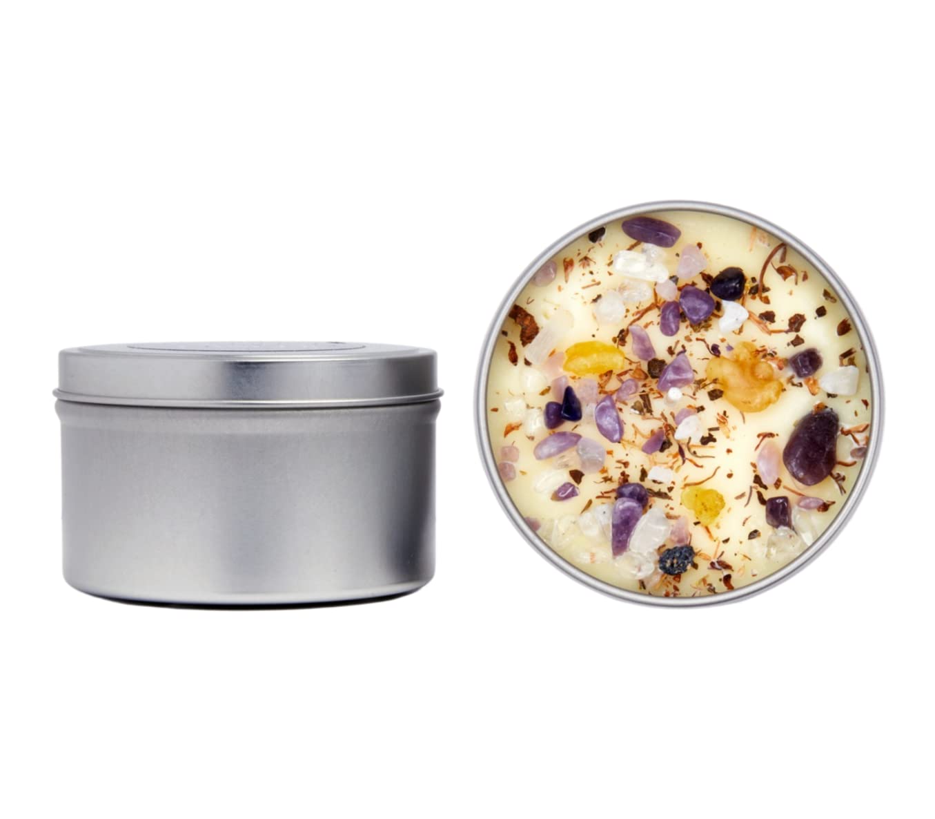 Crown Chakra Candle by New Moon Beginnings - Chakra Candles - Dried Flower, Herb, & Crystal Candles - Aromatherapy Candles - Soy Candle - 8oz Tin