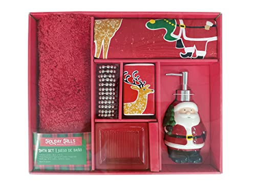 Indecor Home 17-Piece Ceramic Bathroom Accessory Set with Shower Curtain, 12 Hooks, Soap Pump, Toothbrush Holder, Soap Dish and Bath Rug Box Gift Set for Christmas Xmas (Santa)