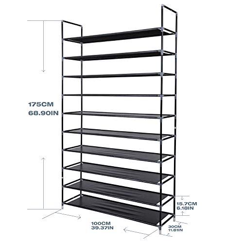 lapday 10 Tiers Shoe Rack 50 Pairs Non-Woven Fabric Shoe Tower Organizer Cabinet, Space Saving Shoe Storage (Black)