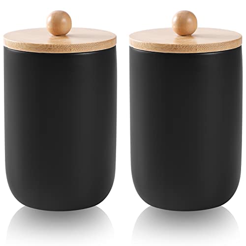 JiatuA Qtip Holder Dispenser with Bamboo Lids, Matte Black Ceramic Apothecary Jar Containers Cotton Ball Holder for Vanity Makeup Organizer Bathroom Canister Storage Farmhouse Decor, 2 Pack