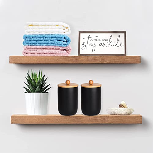 JiatuA Qtip Holder Dispenser with Bamboo Lids, Matte Black Ceramic Apothecary Jar Containers Cotton Ball Holder for Vanity Makeup Organizer Bathroom Canister Storage Farmhouse Decor, 2 Pack