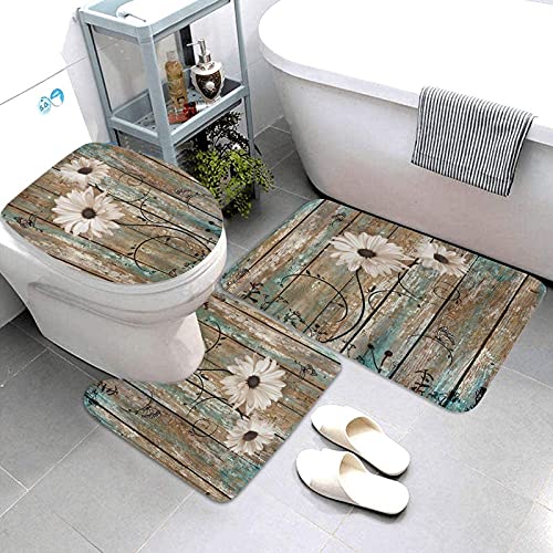 4 PCS Rustic Flower Shower Curtain Set with Non-Slip Rug,Toilet Lid Cover,U Shape Mat,Farmhouse Waterproof Fabric Shower?Curtains with 12 Hooks and Rug Mat Set for Bathroom,71''L