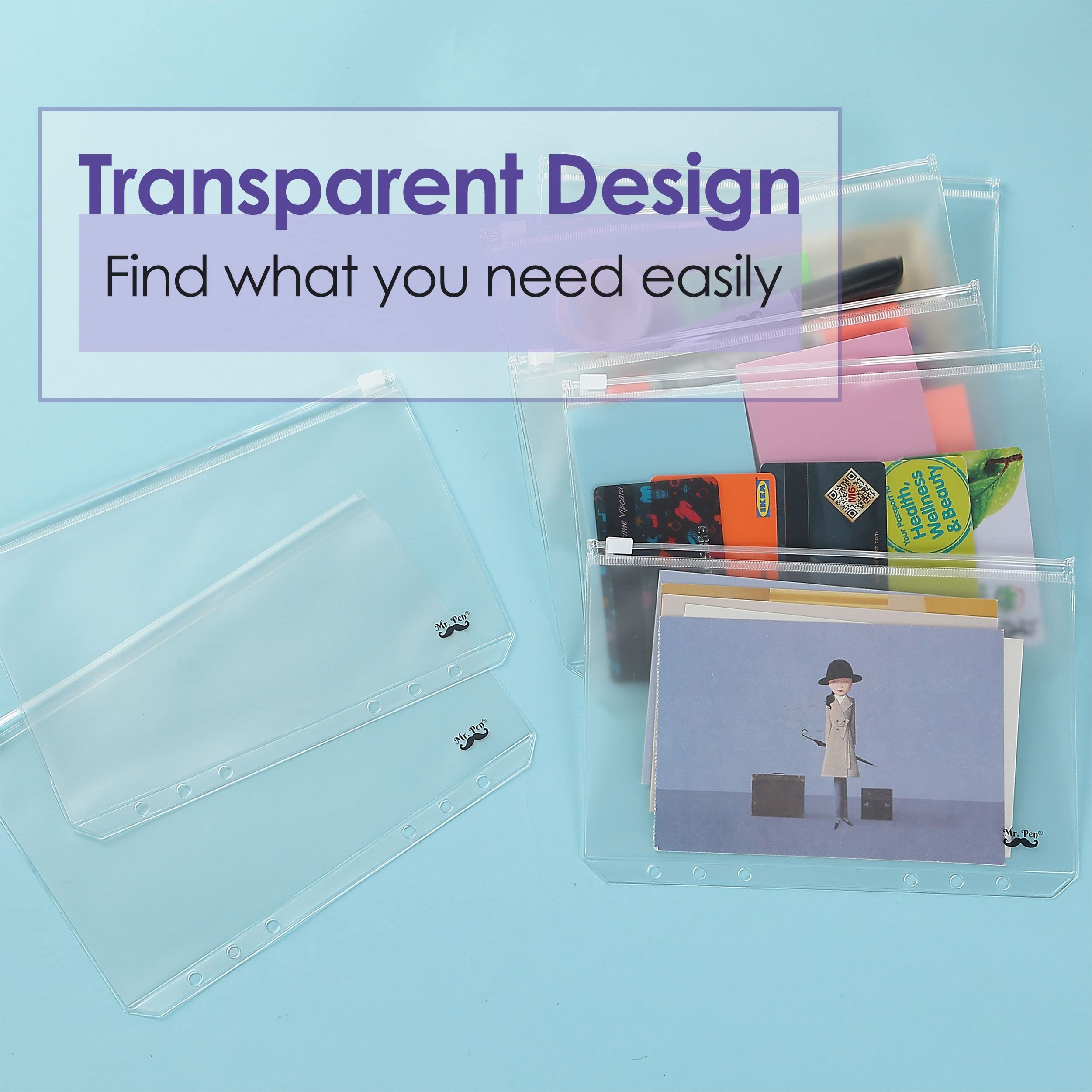 Mr. Pen A5 Plastic Binder Pockets, 8 Pieces, 6 Ring Binder Holes, 8 Pcs, Clear Envelopes for Cash, Money Organizer, Lightweight, Easy to Carry