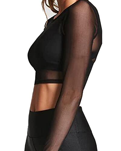 BelleLovin Women's Sheer Mesh Long Sleeve Crop Top Sexy Tee Blouse (Black-A, Small)