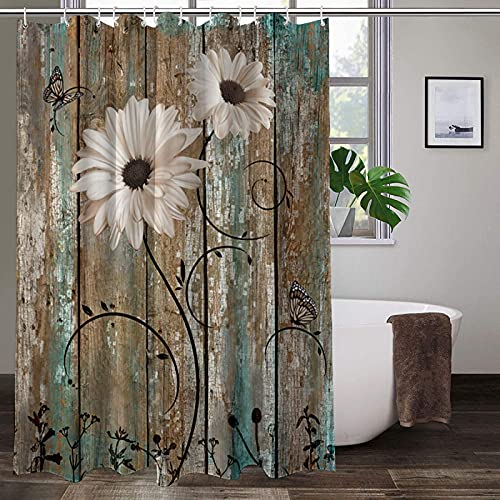 4 PCS Rustic Flower Shower Curtain Set with Non-Slip Rug,Toilet Lid Cover,U Shape Mat,Farmhouse Waterproof Fabric Shower?Curtains with 12 Hooks and Rug Mat Set for Bathroom,71''L