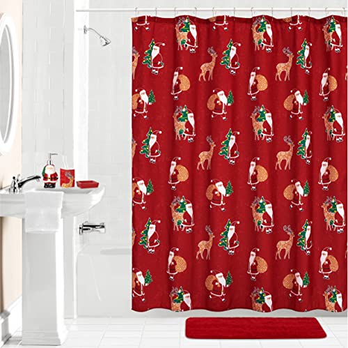 Indecor Home 17-Piece Ceramic Bathroom Accessory Set with Shower Curtain, 12 Hooks, Soap Pump, Toothbrush Holder, Soap Dish and Bath Rug Box Gift Set for Christmas Xmas (Santa)