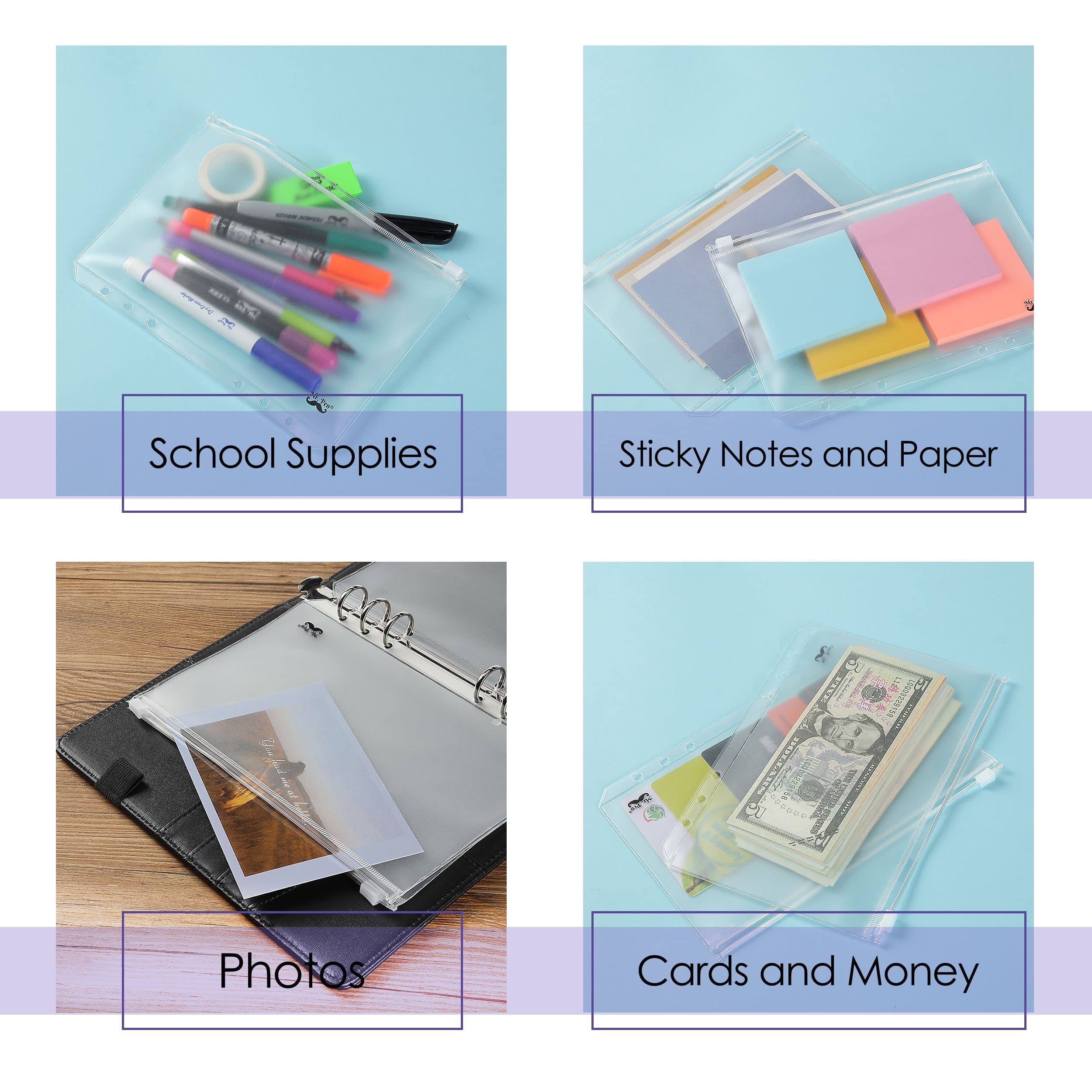 Mr. Pen A5 Plastic Binder Pockets, 8 Pieces, 6 Ring Binder Holes, 8 Pcs, Clear Envelopes for Cash, Money Organizer, Lightweight, Easy to Carry