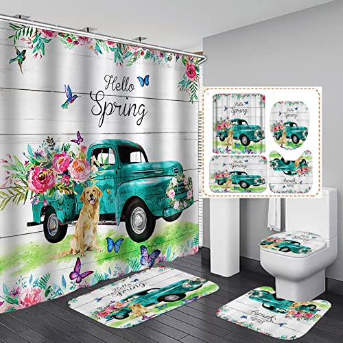 Jayden Madge 4PCS Teal Farm Truck Shower Curtain Set, Watercolor Floral Leaf Pink Peony Butterfly Hummingbird Country Turquoise Vintage Car Rustic Farmhouse Bathroom Decor, Non-slip Bath Mat, Cute Dog