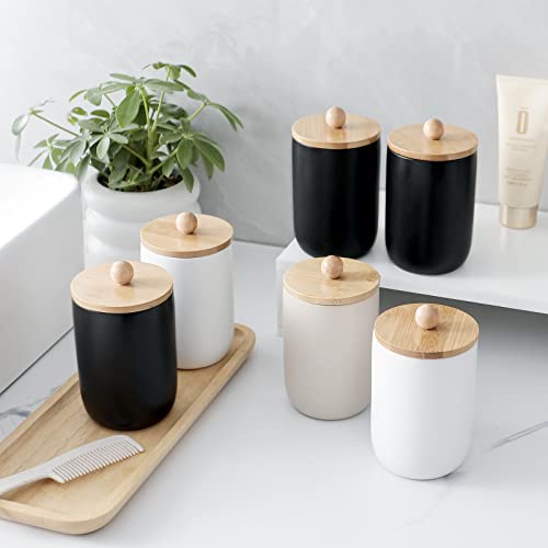 JiatuA Qtip Holder Dispenser with Bamboo Lids, Matte Black Ceramic Apothecary Jar Containers Cotton Ball Holder for Vanity Makeup Organizer Bathroom Canister Storage Farmhouse Decor, 2 Pack