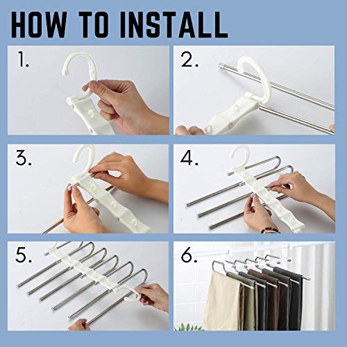 Kumillet Multifunctional Pants Hangers 2 Packs - space saving non slip rack organizer foldable hangers for clothes scarf jeans trousers shorts closet bottom heavy metal multi clothing (White, 6 Hooks)