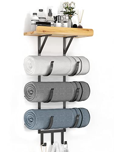Towel Rack, Wall Mounted Metal Towel Holder for Bathroom Wall,Towel Storage Racks with 3 Compartments and 3 Hooks Black