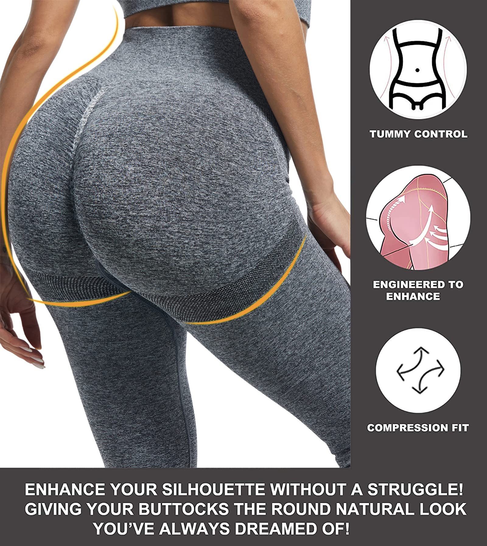 CHRLEISURE 3 Piece Workout Leggings Sets for Women, Gym Scrunch Butt Butt Lifting Seamless Leggings (Dark Gray, L)