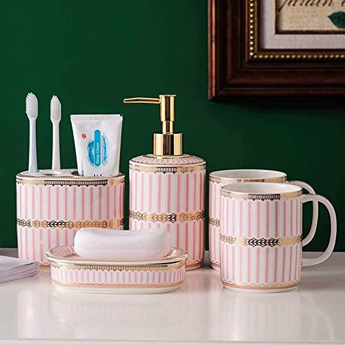 DVTEL Ceramic Washing Set, Bathroom, Four-Piece Set, Couple's Home Bathroom, Toothbrush Cup Set (Color : Pink, Size : 5 Piece Set)