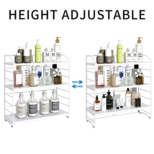 BOIVSHI 3-Tier Bathroom Countertop Rack Organizer, 8-Levels Height Adjustable Organizer Countertop Storage Shelf for Bathroom Kitchen Spice Rack Vanity Tray Cosmetic Storage Holder, Metal White