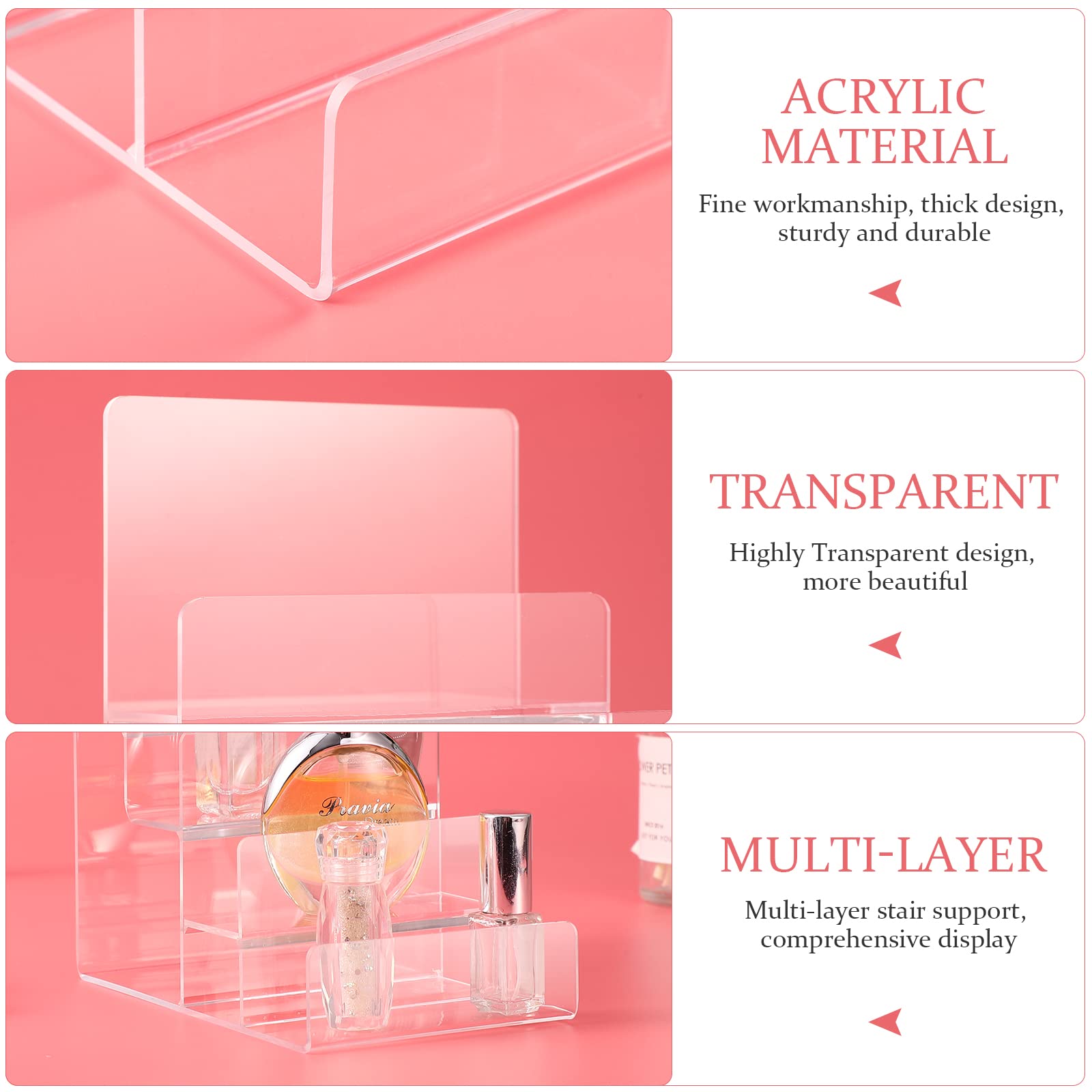 Cabilock Display Risers Acrylic Wallet Holder Stand Handbag Purse Display Shelf Jewelry Cosmetic Racks Organizer (4 Tier)