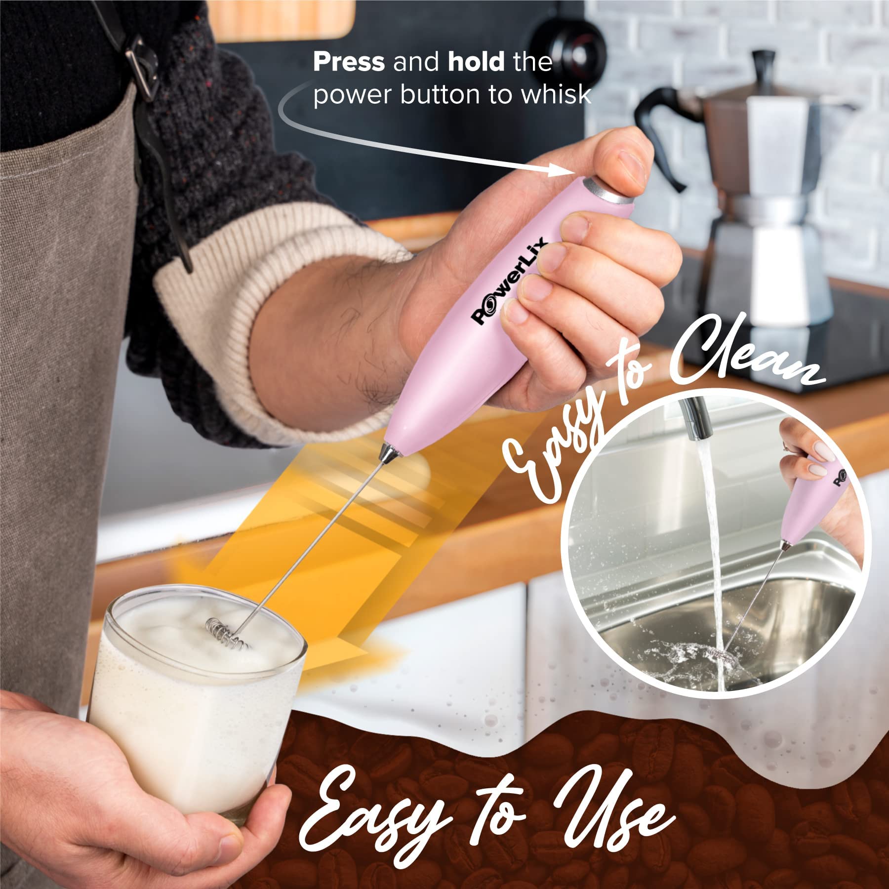PowerLix Powerful Handheld Milk Frother With Stand Battery Operated Foam Maker Frother Wand For Coffee (A Black) (Light Pink)