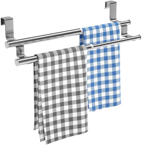 HapiRm Kitchen Towel Holder, Expandable Double Over The Cabinet Towel Holder, Stainless Steel Towel Hanger for Universal Fit on Inside or Outside of Cupboard Doors, Silver(for 0.8in Cabinet Doors)